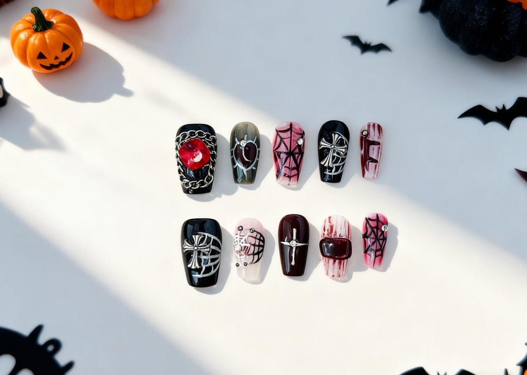 3D Gothic Press on Nails | Dark Blood Red & Black Nails | Spider Web ...