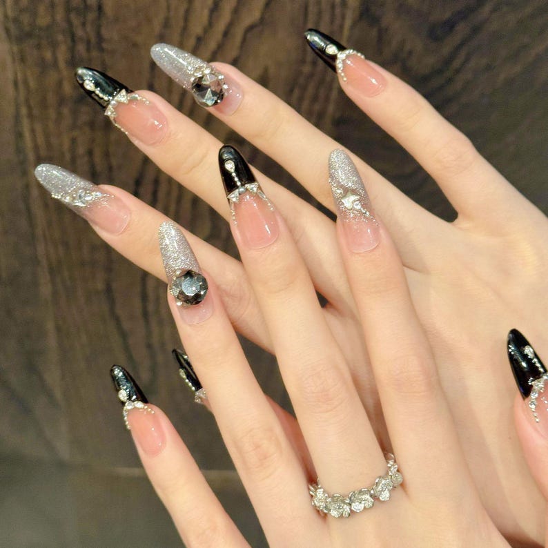 Black Silver Press on Nails, Luxury Stiletto Nails With Rhinestones ...