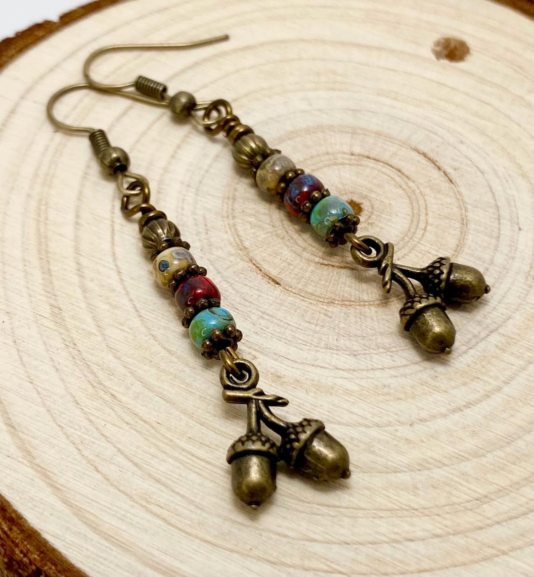 Boho Earrings, Earthy Tones, Acorn Dangles - Etsy