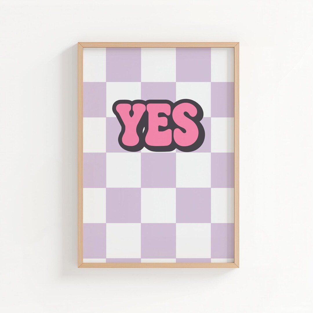 YES Retro Wall Art – Playful Pink Checkered Typography Printable - Etsy