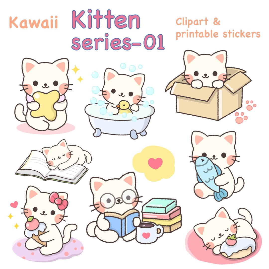 Kawaii Kitten Clipart & Printable Stickers – Pastel Cat Set (SVG, PDF ...