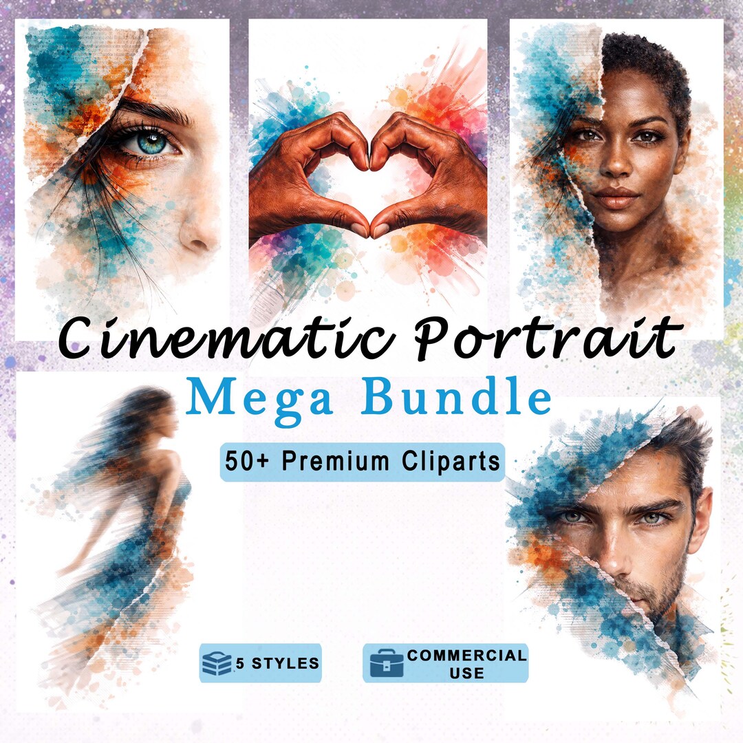 Cinematic Portrait Mega Bundle | Mixed Media PNG Clipart | Modern Faces ...