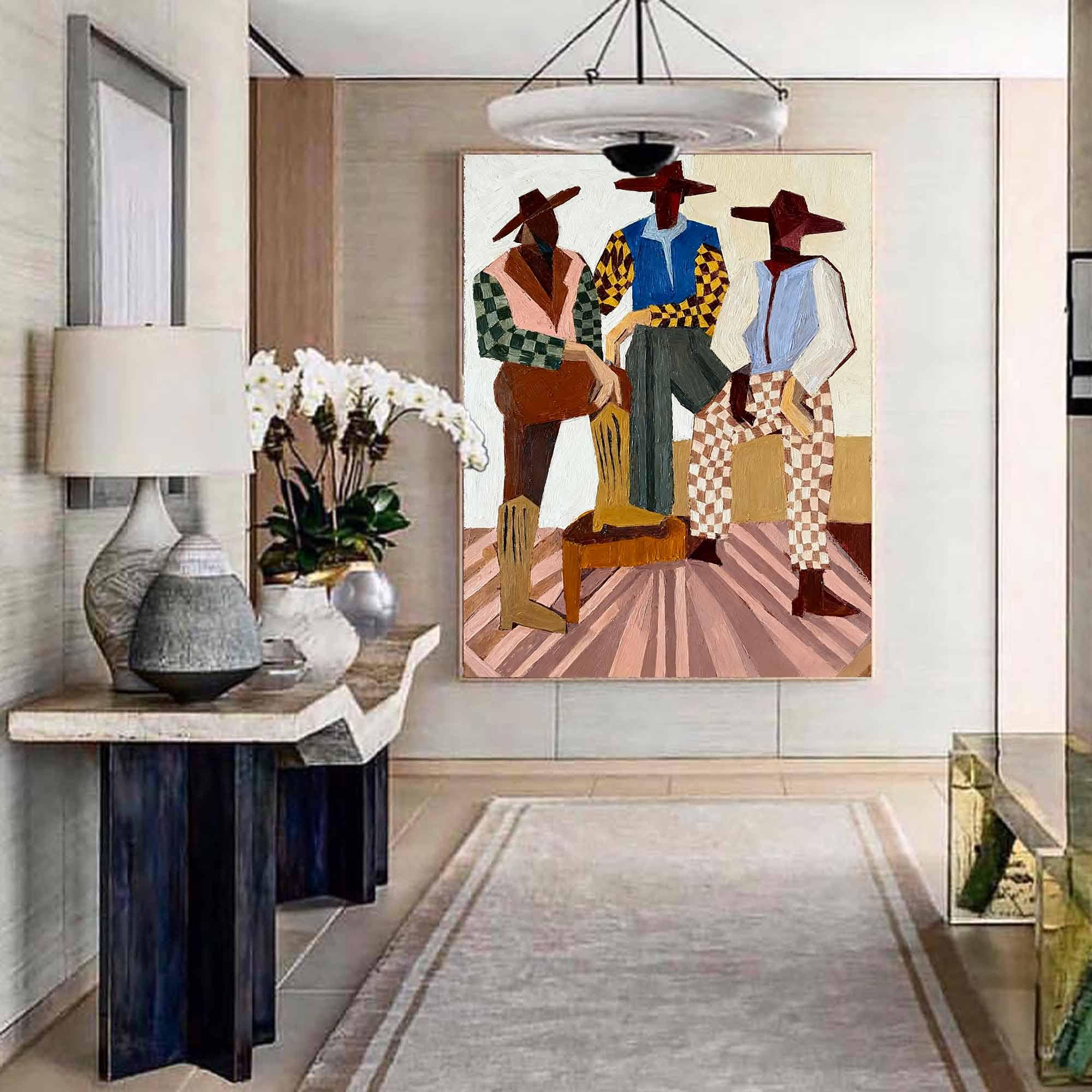 Stylized Cowboy Oil Painting – Three Cowboys in Bold Colors, Modern ...