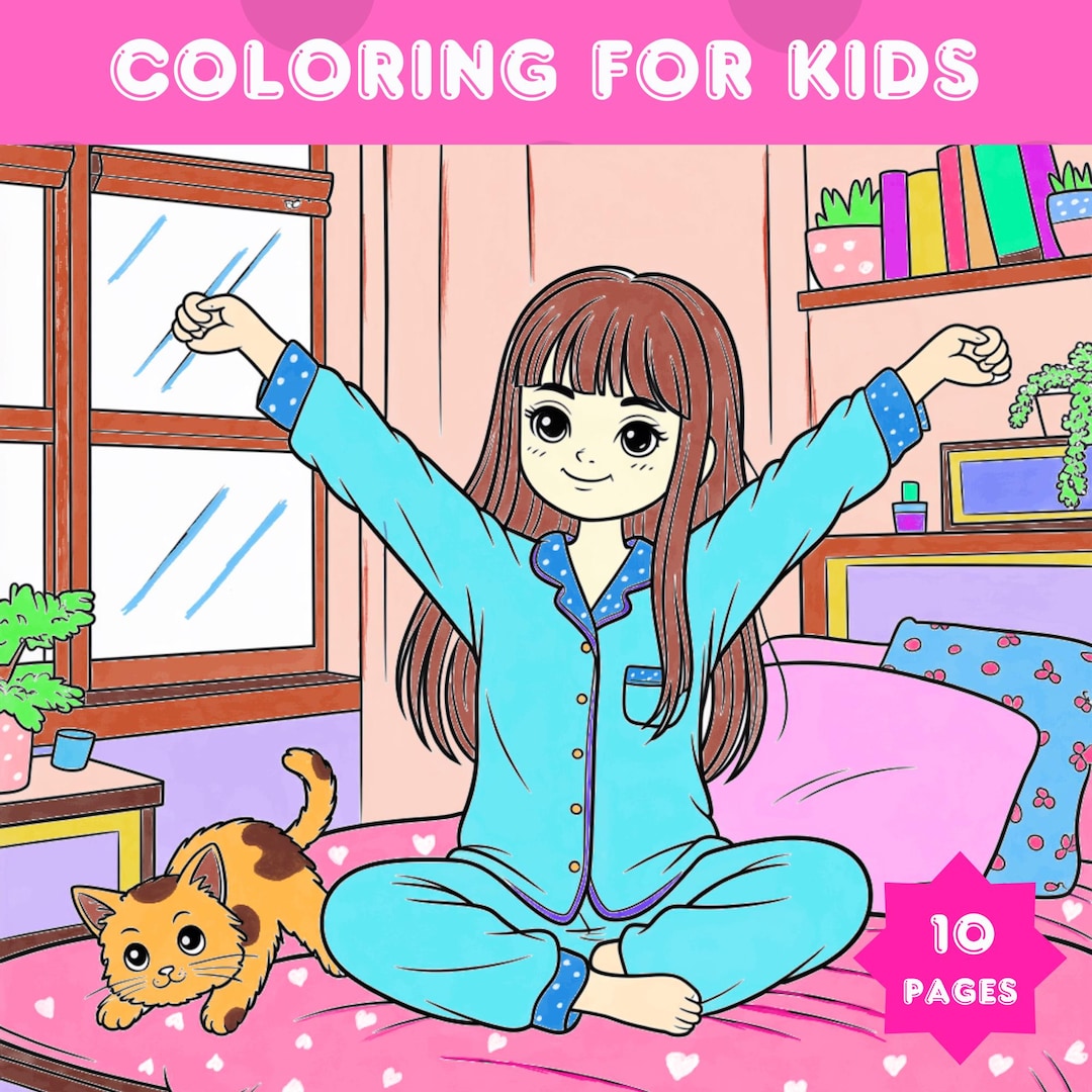 Coloring Pages for Kids,morning Stretch | Kawaii Girl and Cat (PDF) - Etsy