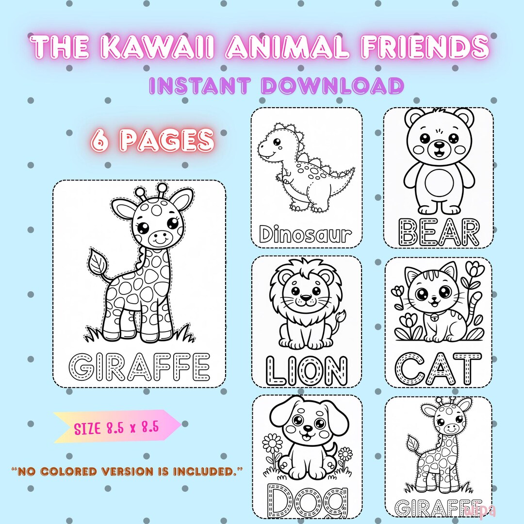 Buy Kawaii Animal Coloring Pages for Kids,6 Cute Animal Friends (bear ...