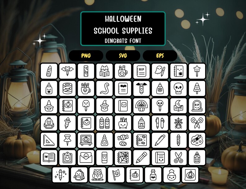 Halloween School Supplies Dingbats Font (ttf, Otf, Svg, Eps, Png) - Etsy