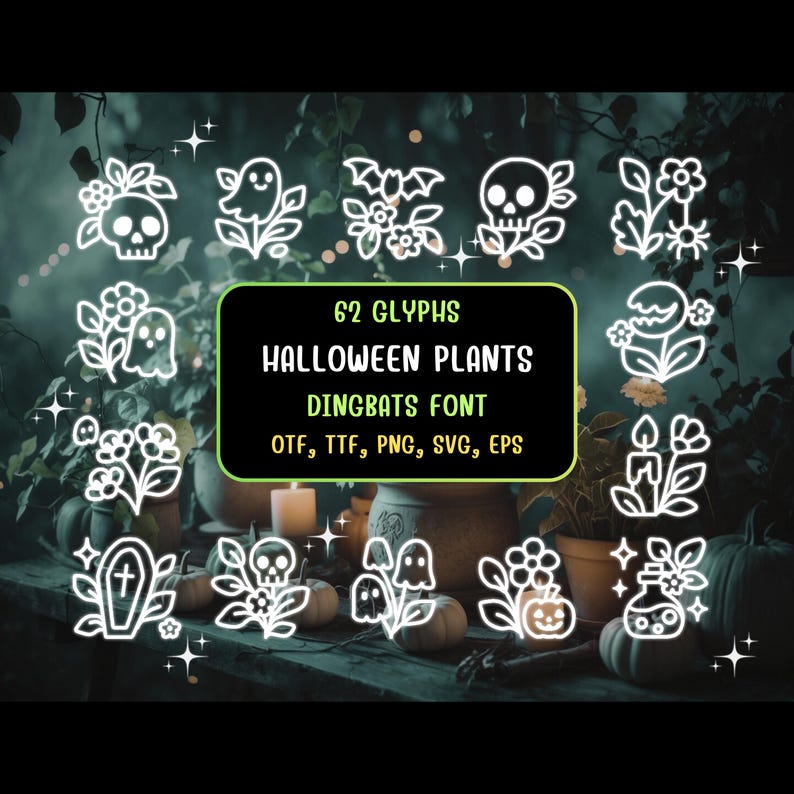 Halloween Plants Dingbats Font, Hand-drawn Illustrations (TTF, OTF) - Etsy
