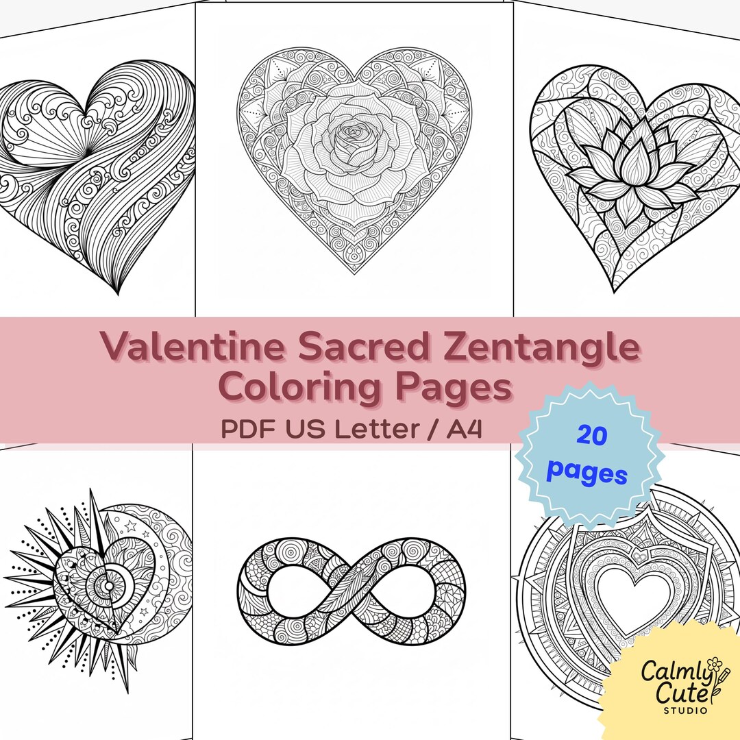 Valentine Coloring Pages | 20 Zentangle Love Symbols | Digital Download ...