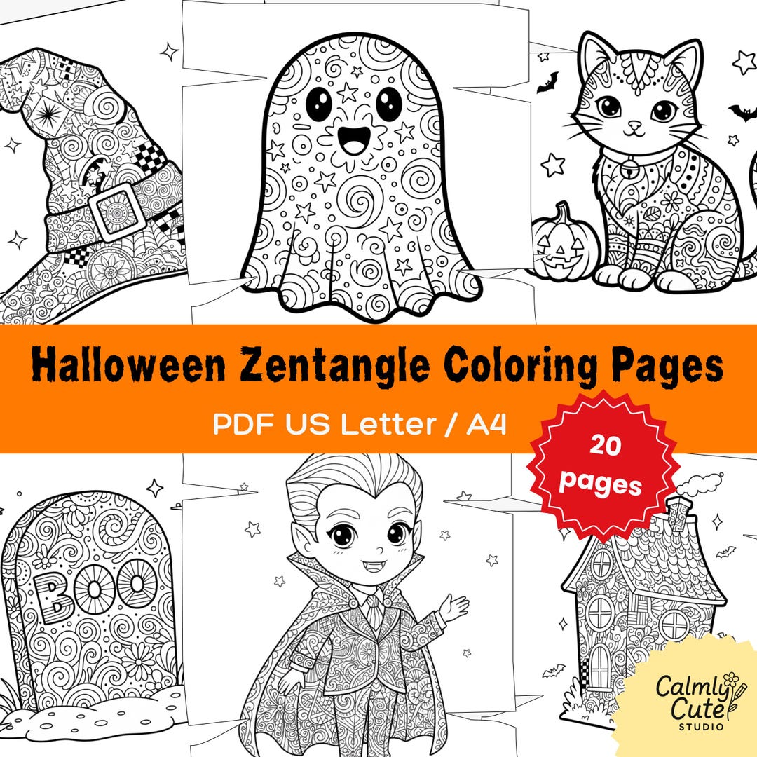 Halloween Zentangle Coloring Pages for Kids: 20 Spooky Designs (digital ...