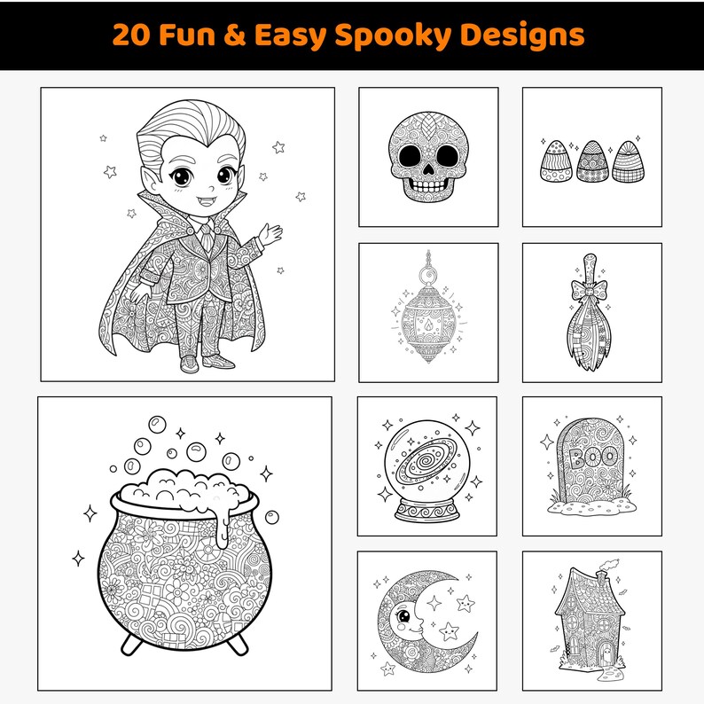 Halloween Zentangle Coloring Pages for Kids: 20 Spooky Designs (digital ...