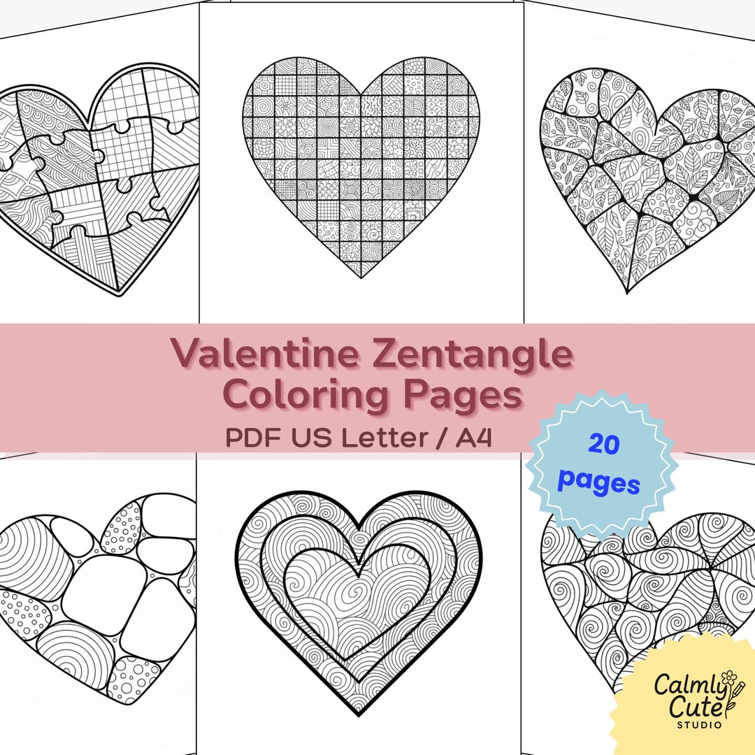 Valentine Coloring Pages | 20 Zentangle Hearts | Digital Download PDF ...