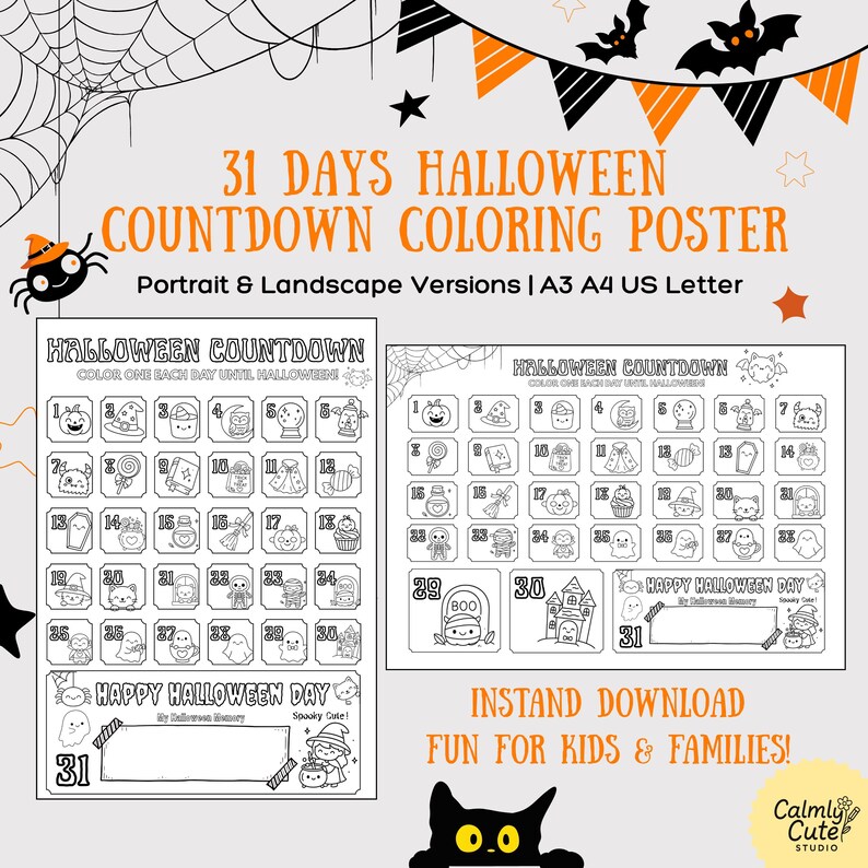 Kawaii Halloween Countdown Coloring Poster: 31 Days Spooky Fun (digital ...