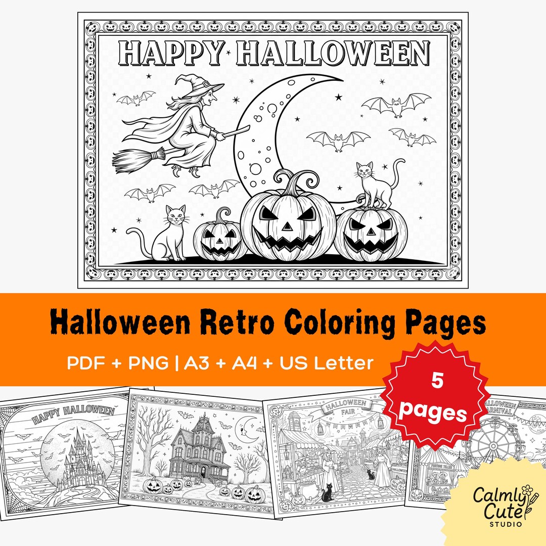 Vintage Retro Halloween Coloring Posters | Printable Coloring Pages (A3 ...