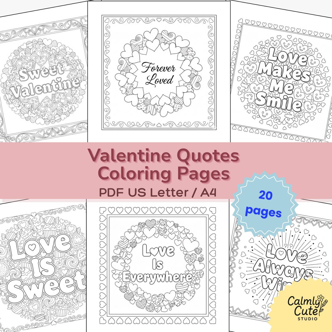 Valentine Coloring Pages | 20 Sweet Love Quotes | Digital Download PDF ...