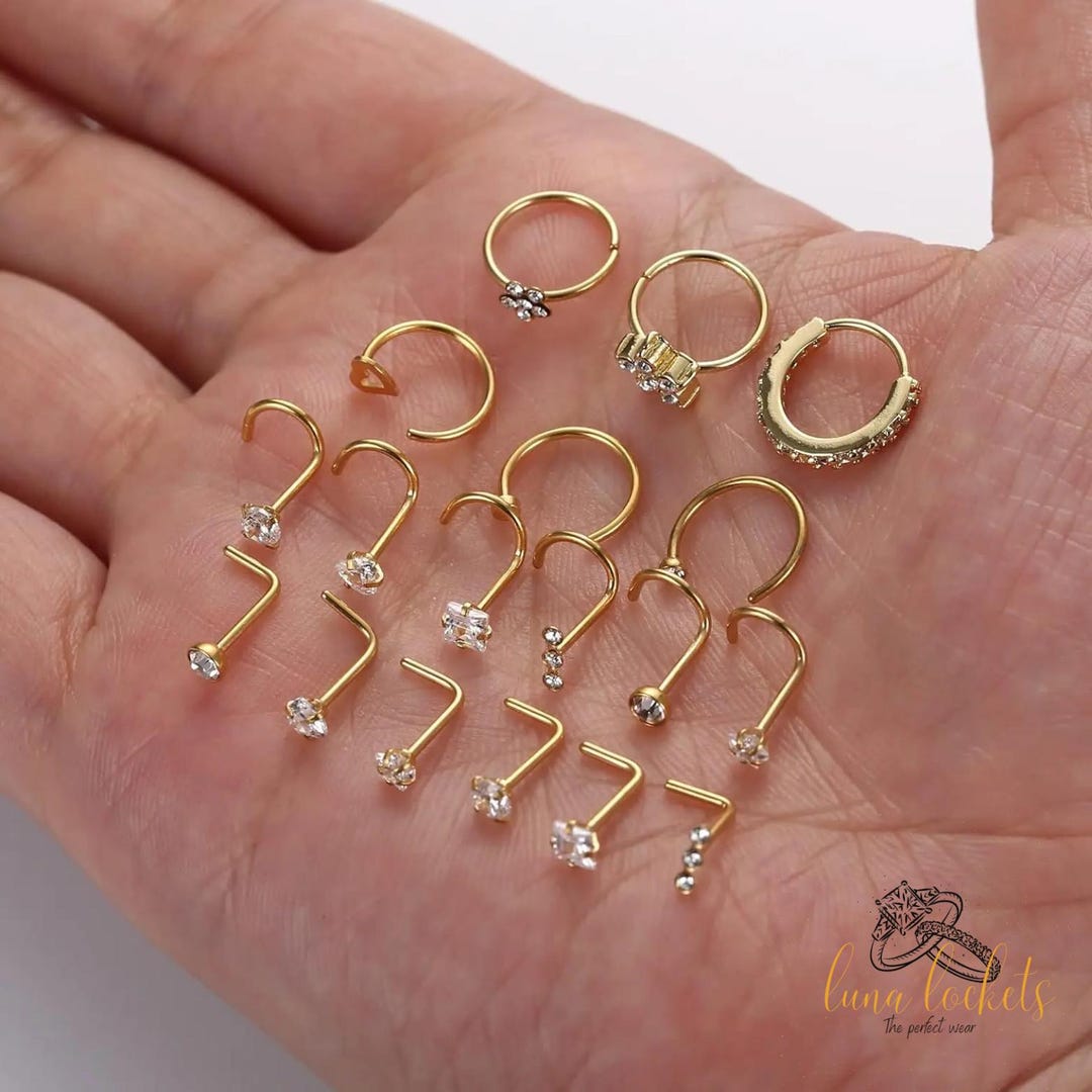 20G Gold Push Pin Clear CZ Horseshoe Nose Ring Threadless Half Hoop ...