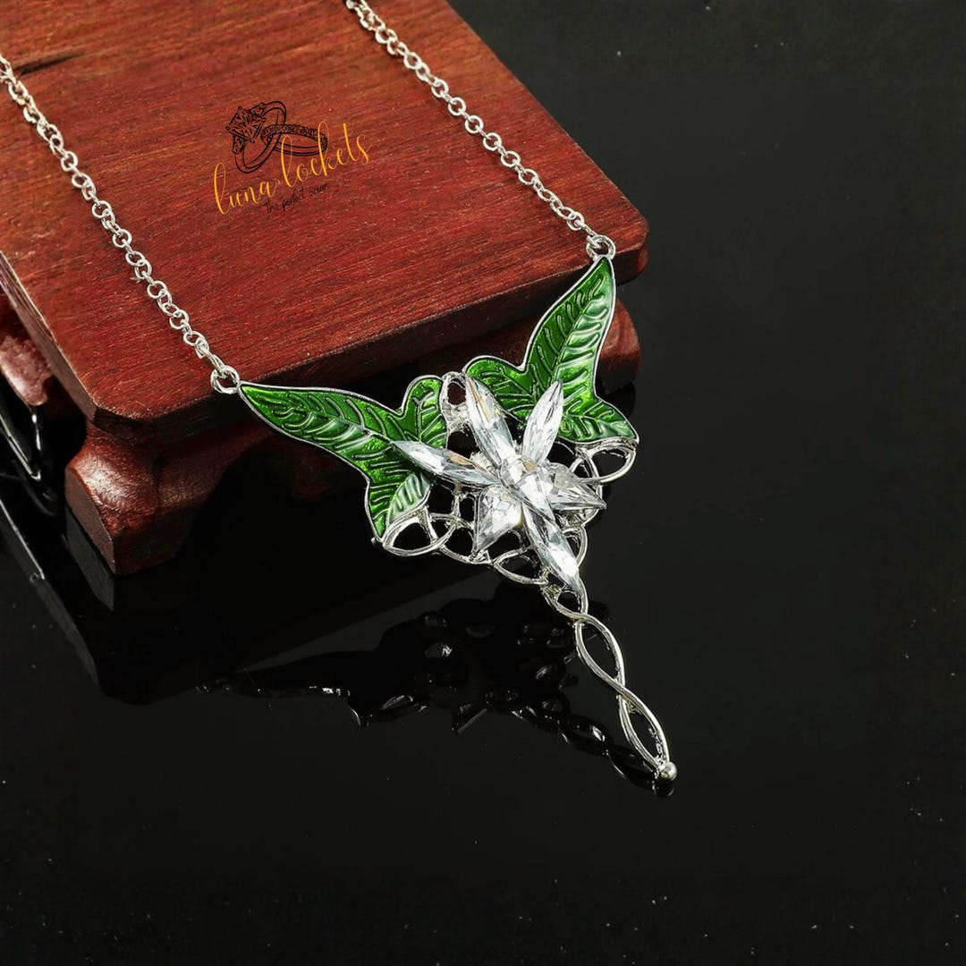 Arwen Evenstar Necklace: Long Elven Leaf Pendant Crystal Cubic Zirconia ...