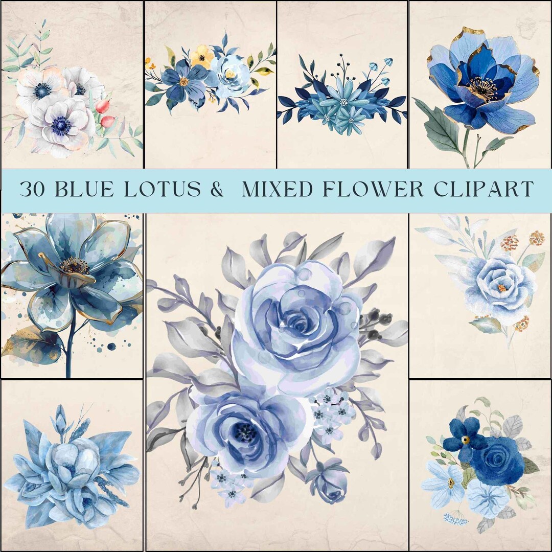 Blue Watercolor Lotus & Mixed Flower Clipart Bundle – 30 PNG Files - Etsy