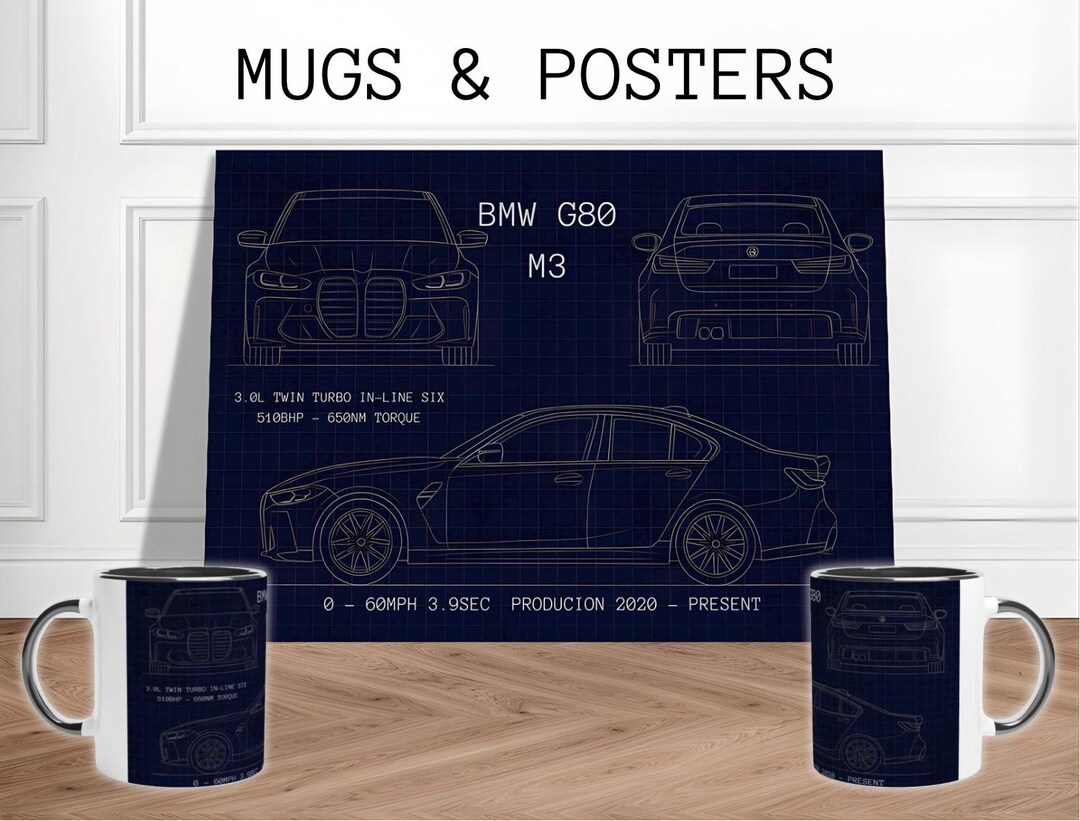 BMW G80 M3 Blueprint Mug & A3 Poster Set | 11oz Ceramic Coffee Mug With ...