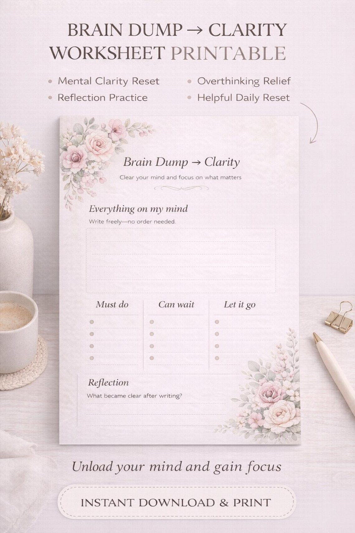 Brain Dump Worksheet Printable – Mental Clarity Reset Page ...