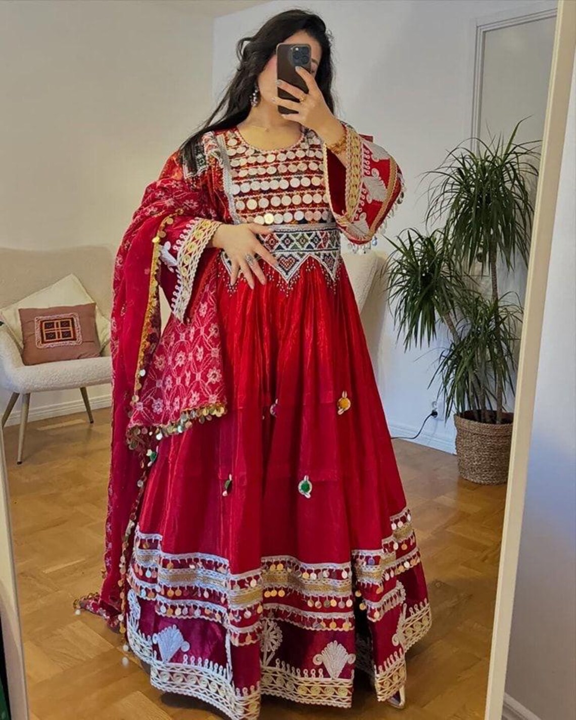 Traditional Red Afghan Kuchi Dress | Handmade Tribal Gown With Coins ...