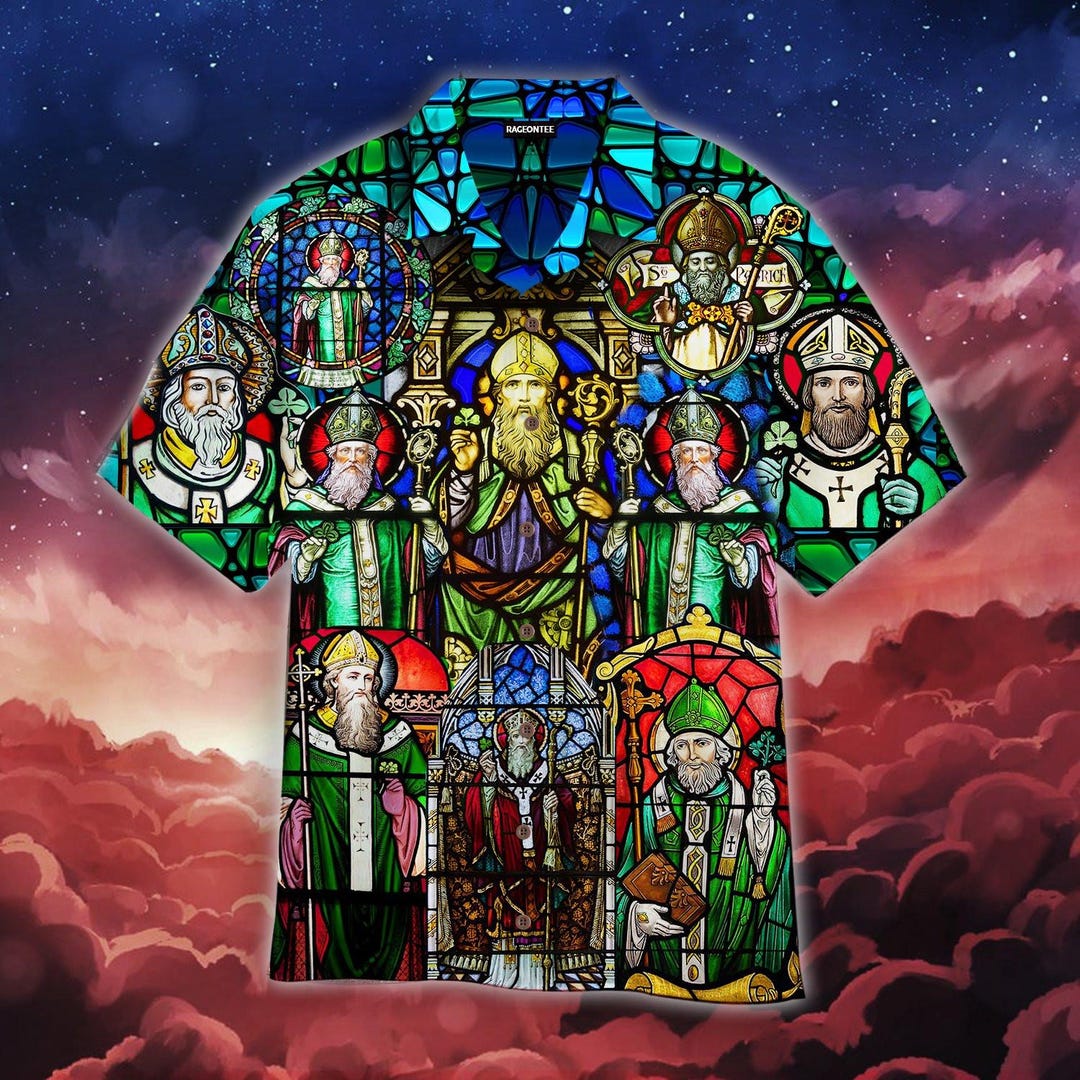 St. Patrick’s Day Hawaiian Shirt for Men, Saint Patrick Stained Glass ...