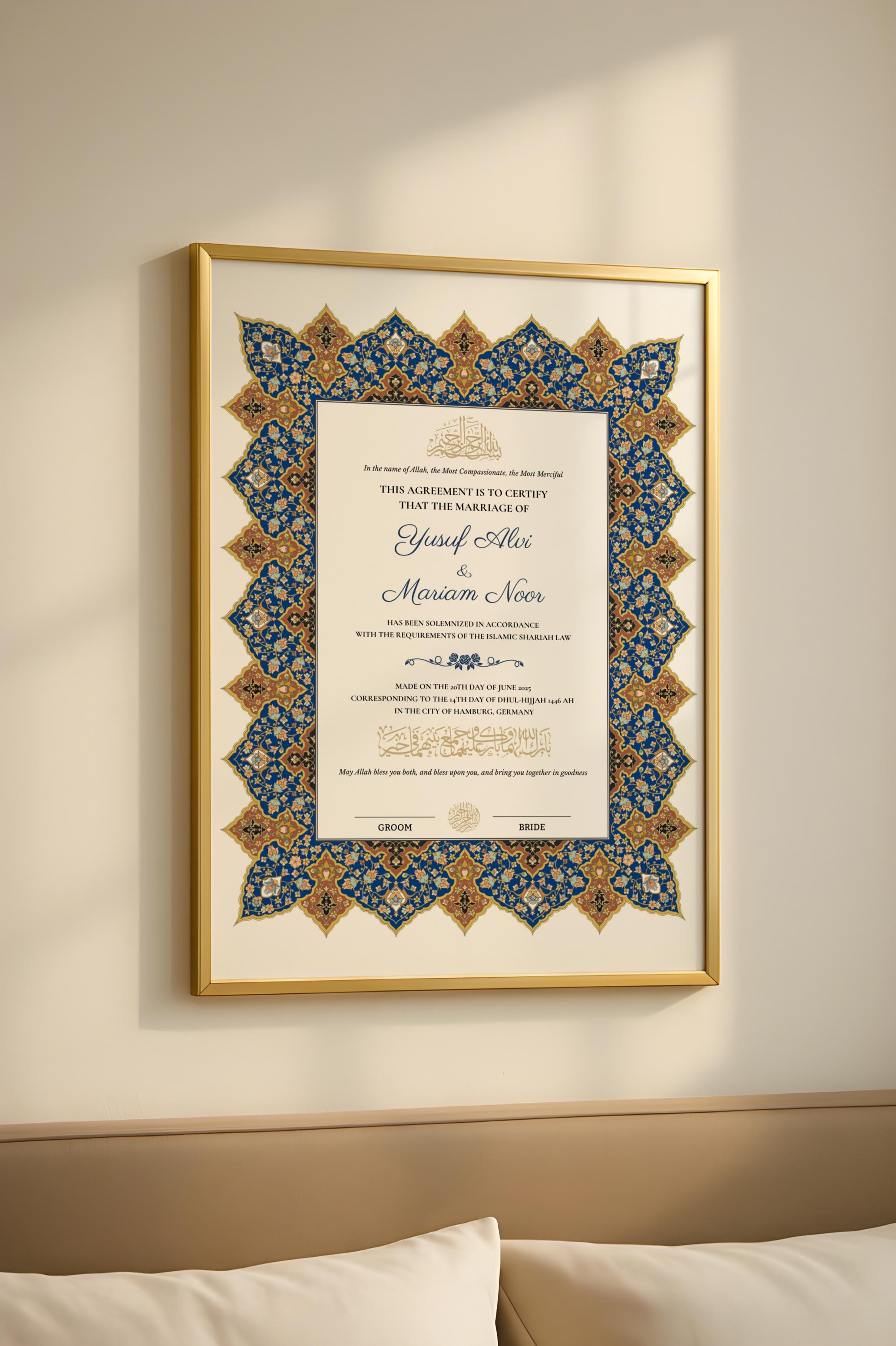 Moroccan Deep Blue Nikkah Certificate, Personalized Editable Nikah Nama ...