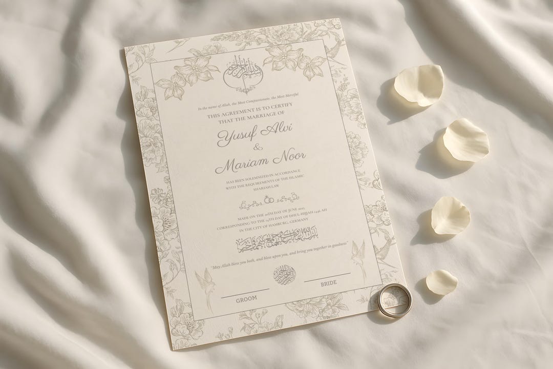 White Floral Border Islamic Nikkah Certificate Personalized Names ...