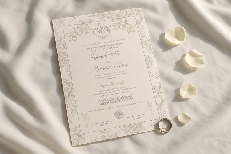 White Floral Border Islamic Nikkah Certificate Personalized Names ...