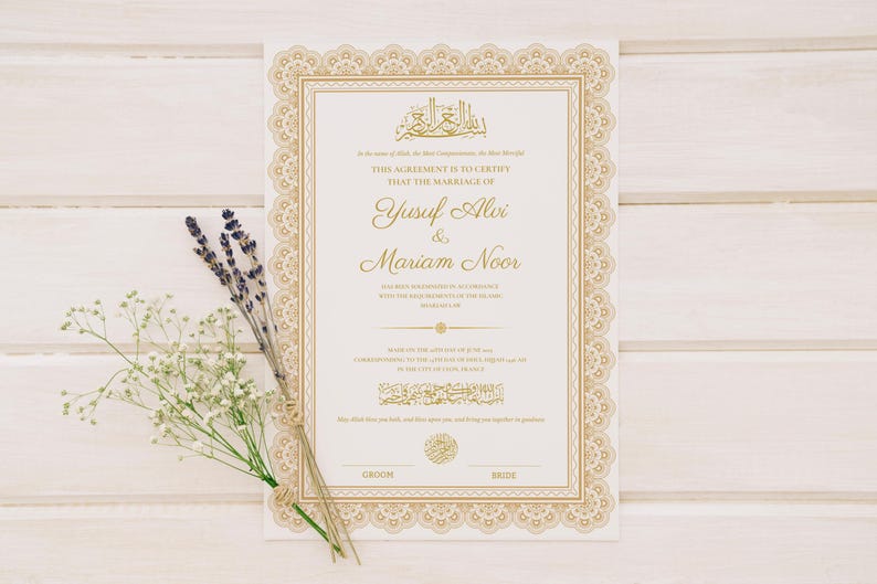 Golden Floral Border Luxury Islamic Nikkah Certificate, Personalized ...