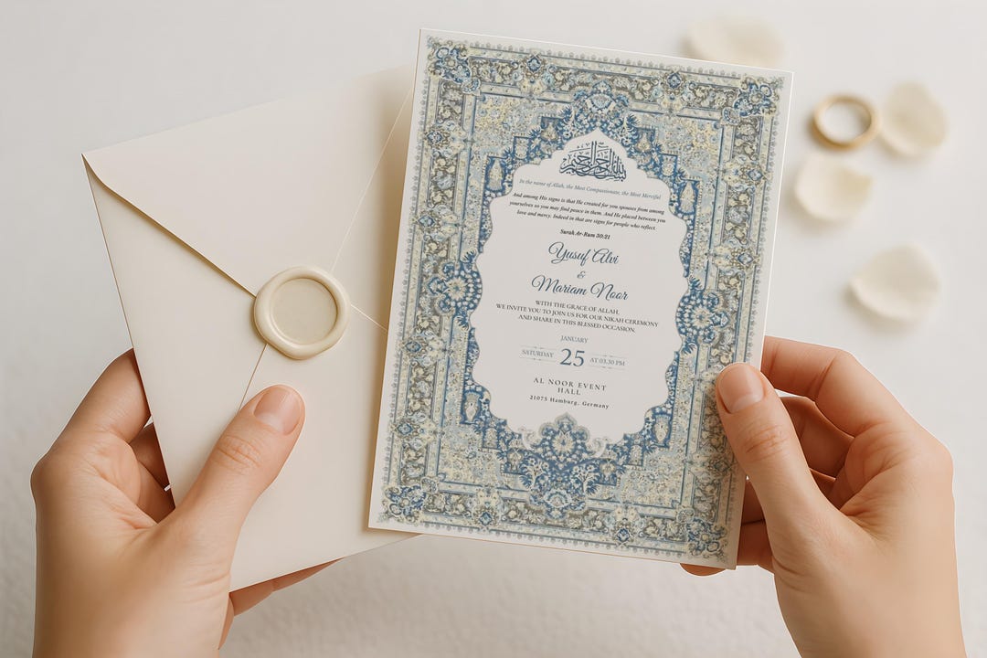 Blue Rug Border Islamic Nikkah Invitation, Muslim Nikah Nama Invite ...