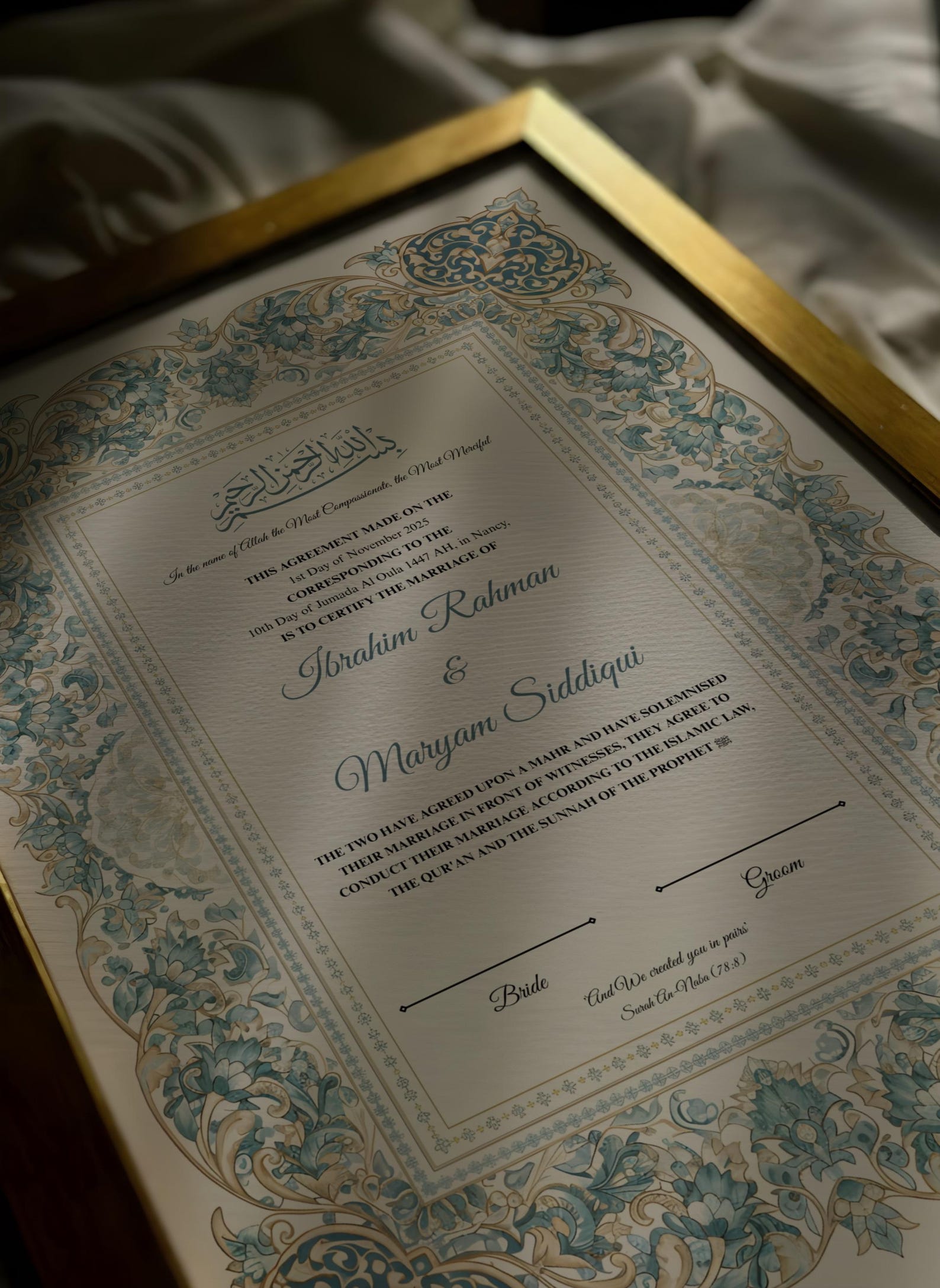 Diamond Blue Floral Border Islamic Nikkah Certificate, Personalized ...
