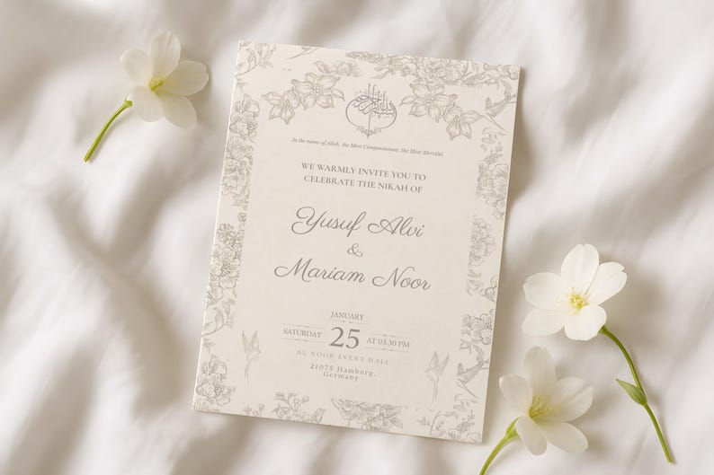 White Floral Border Frame Islamic Wedding Invitation, Muslim Nikah Nama ...