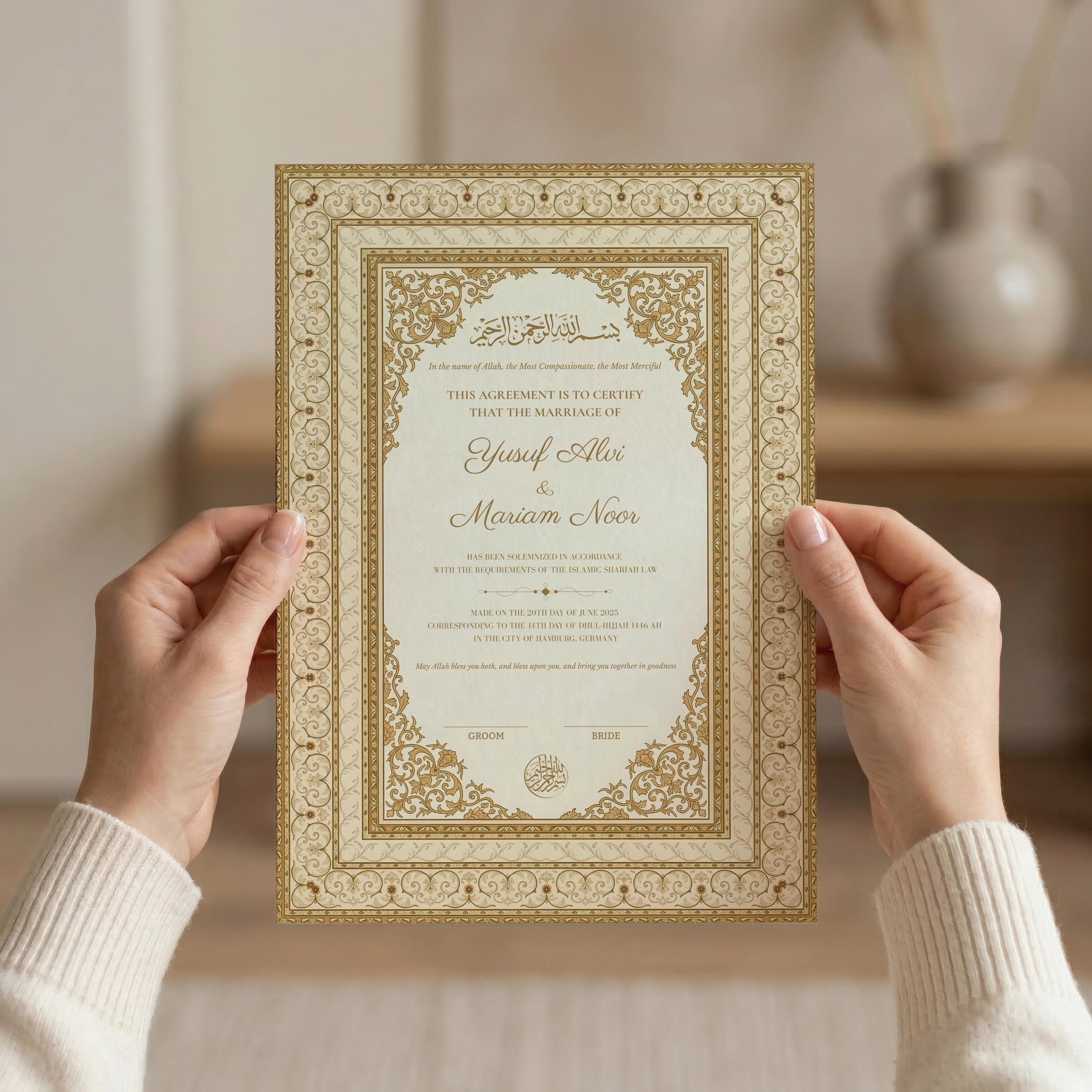 Islamic Gold Border Nikkah Certificate, Personalized Canva Editable ...