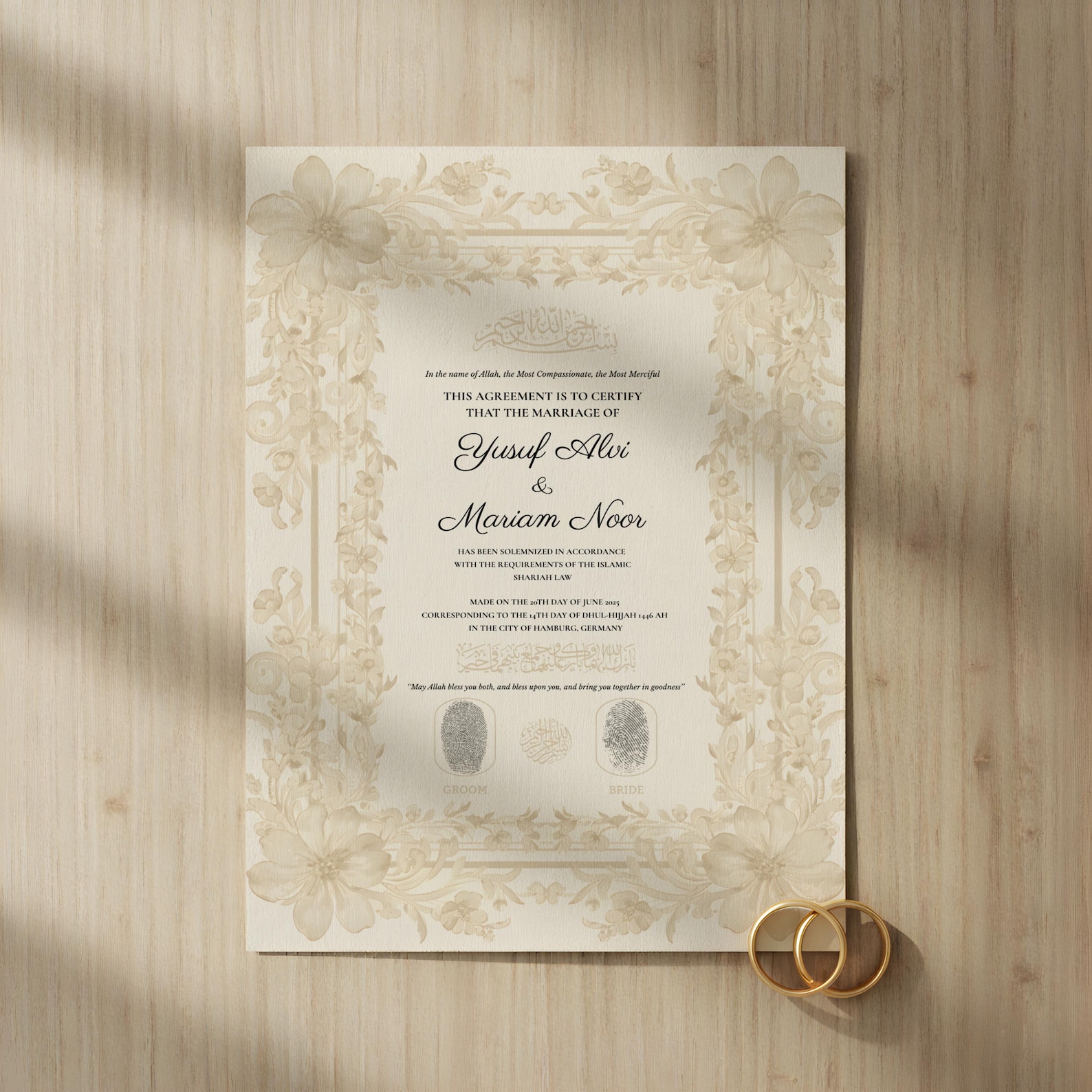 Beige Nikkah Certificate Printable With Fingerprint, Watercolor Floral ...
