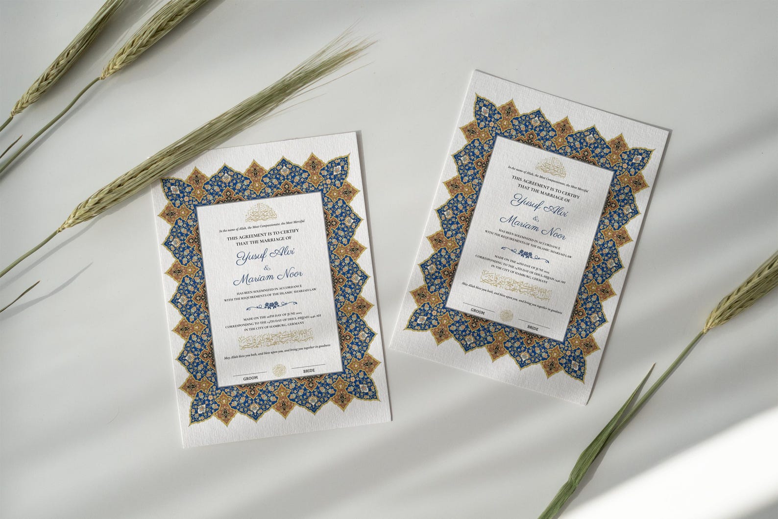 Moroccan Deep Blue Nikkah Certificate, Personalized Editable Nikah Nama ...