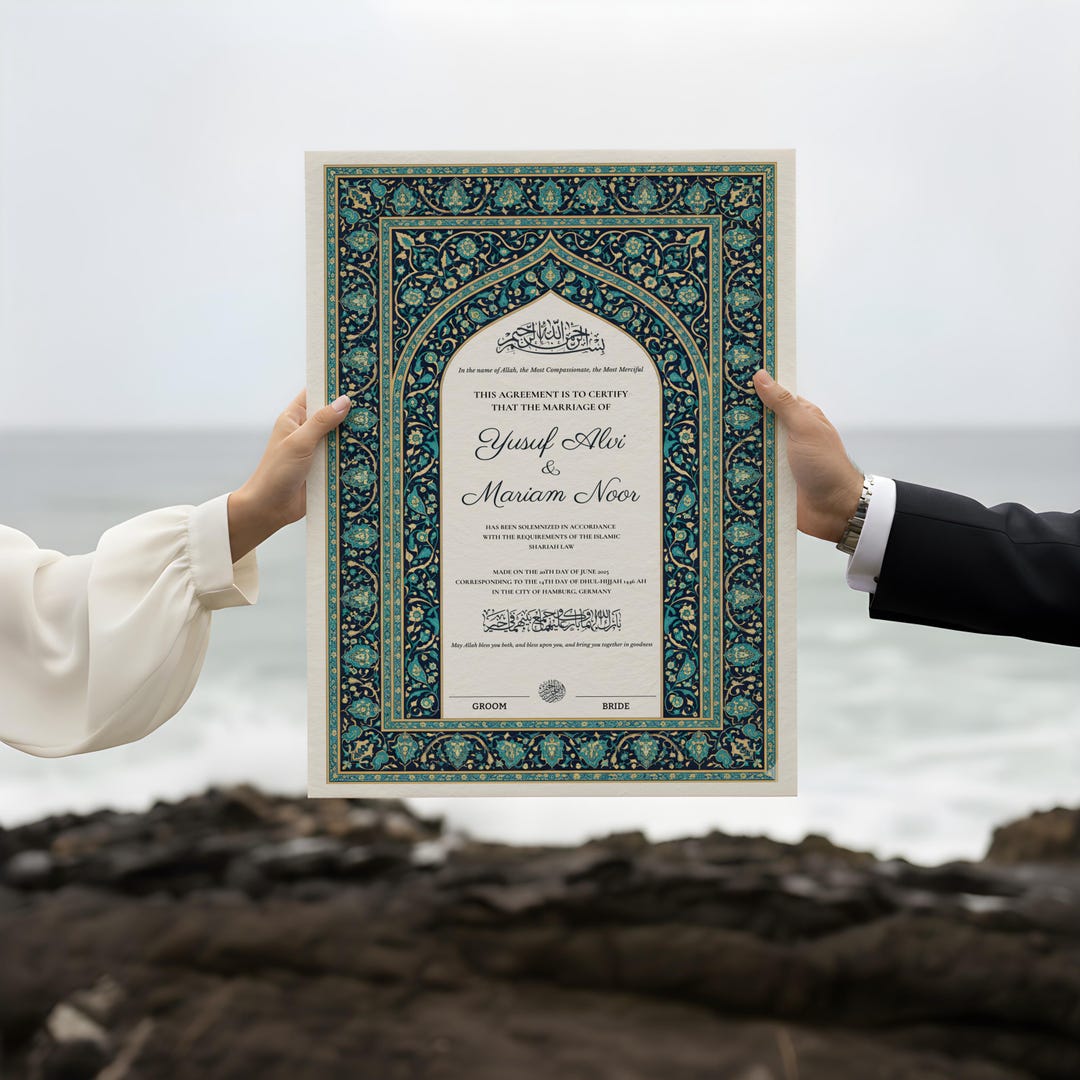 Green Ottoman Nikkah Certificate Personalized Custom Nikah Nama ...
