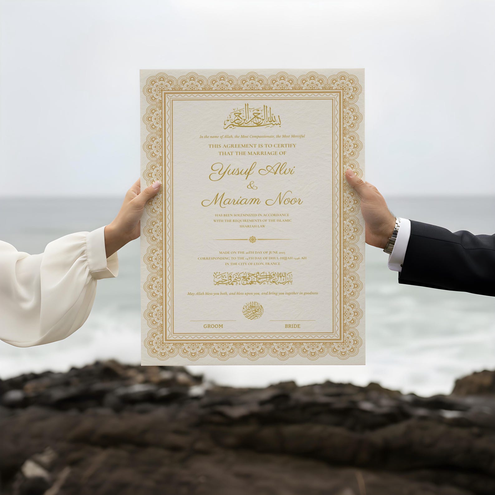 Golden Floral Border Luxury Islamic Nikkah Certificate, Personalized ...