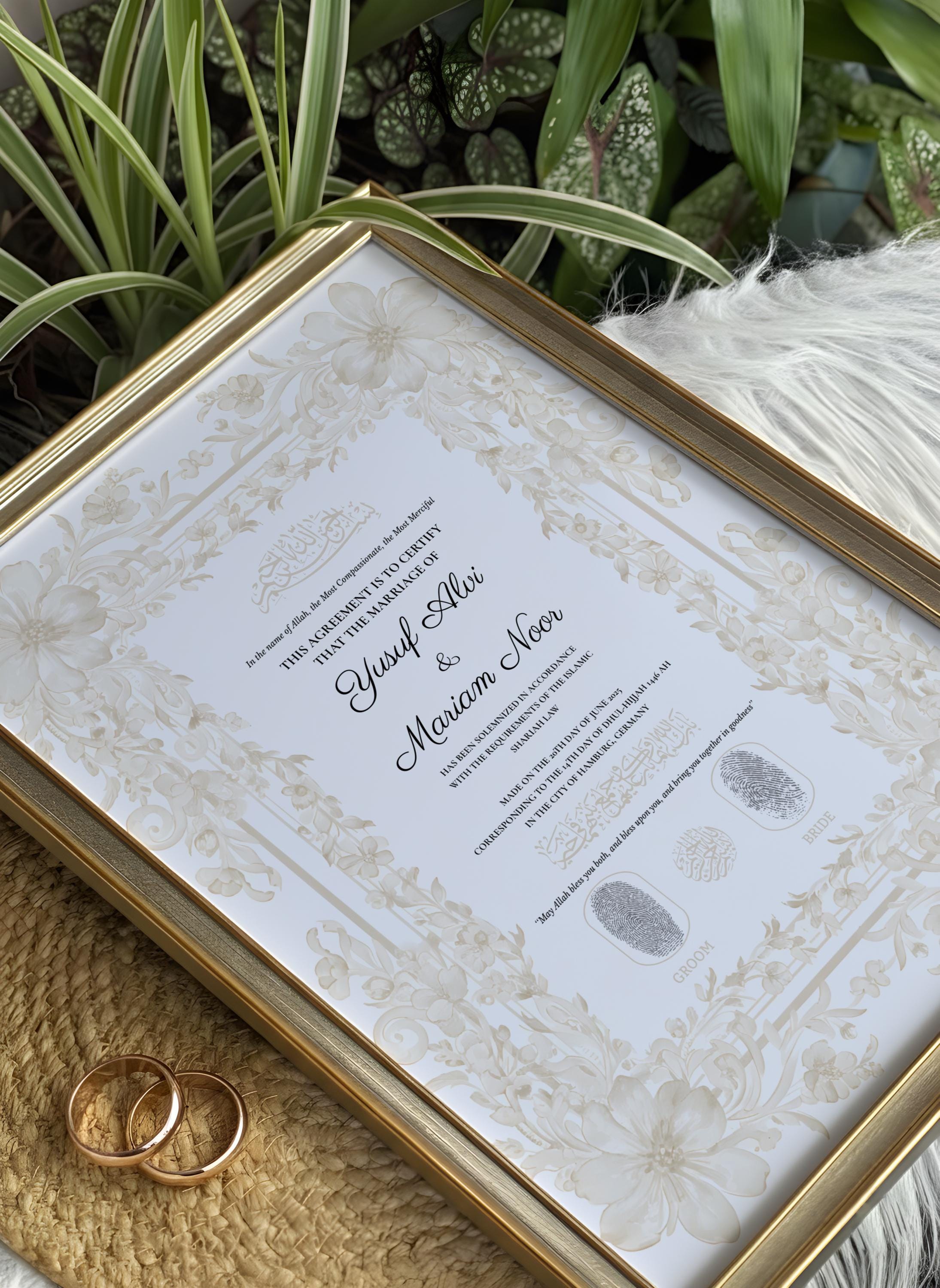 Beige Nikkah Certificate Printable With Fingerprint, Watercolor Floral ...