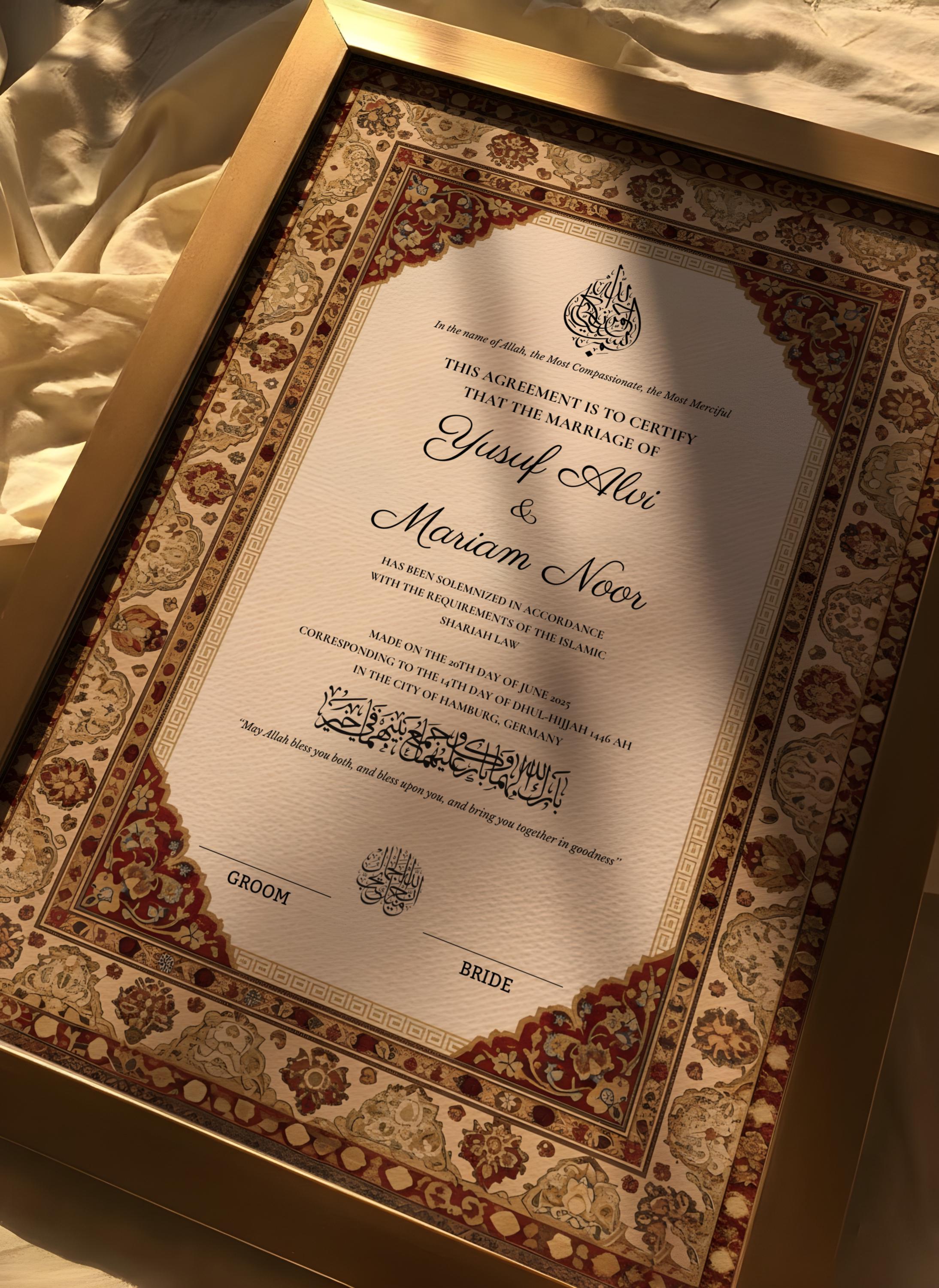 Personalized Nikah Certificate — Traditional Islamic Design, Red/gold ...
