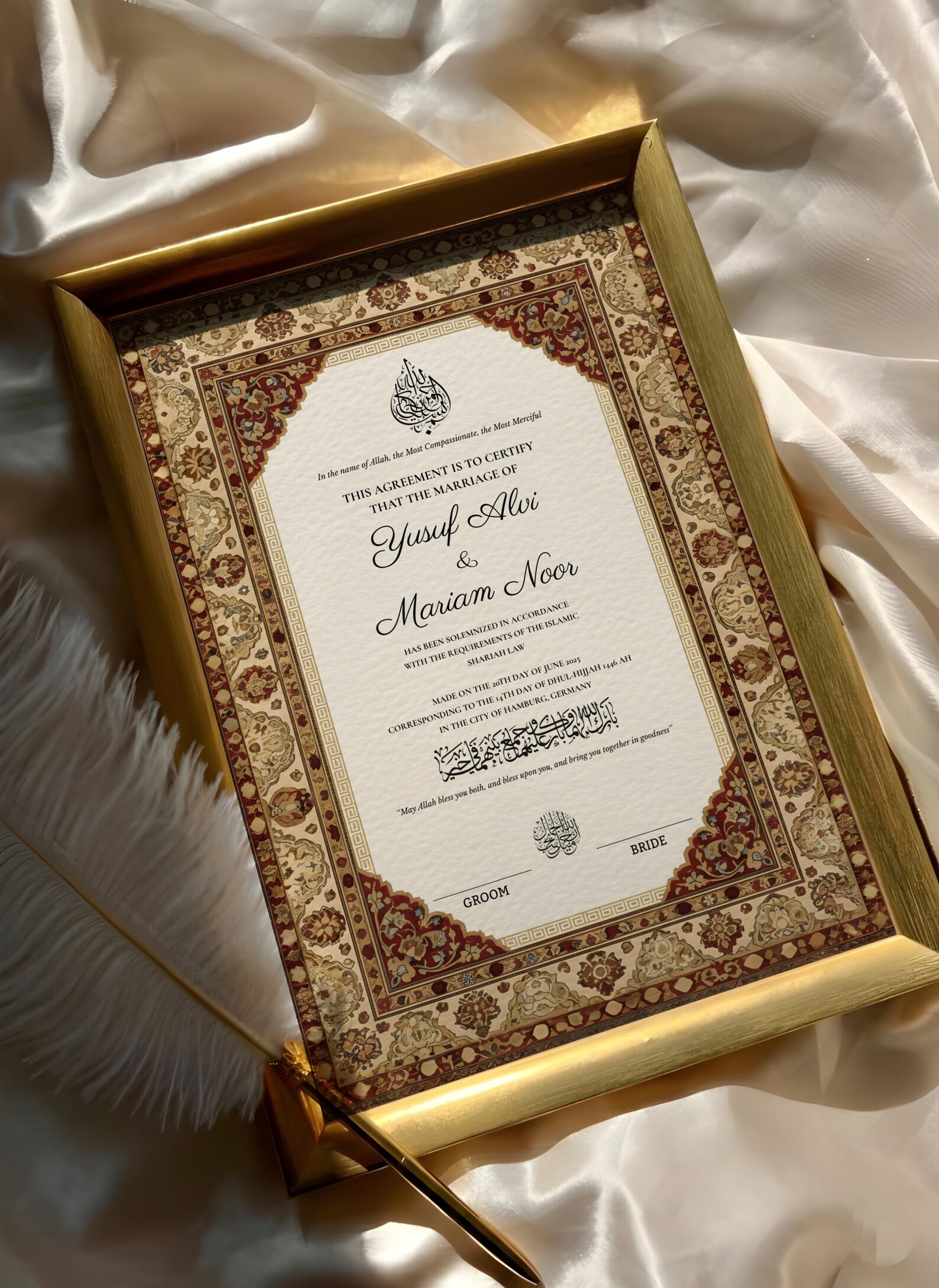Personalized Nikah Certificate — Traditional Islamic Design, Red/gold ...