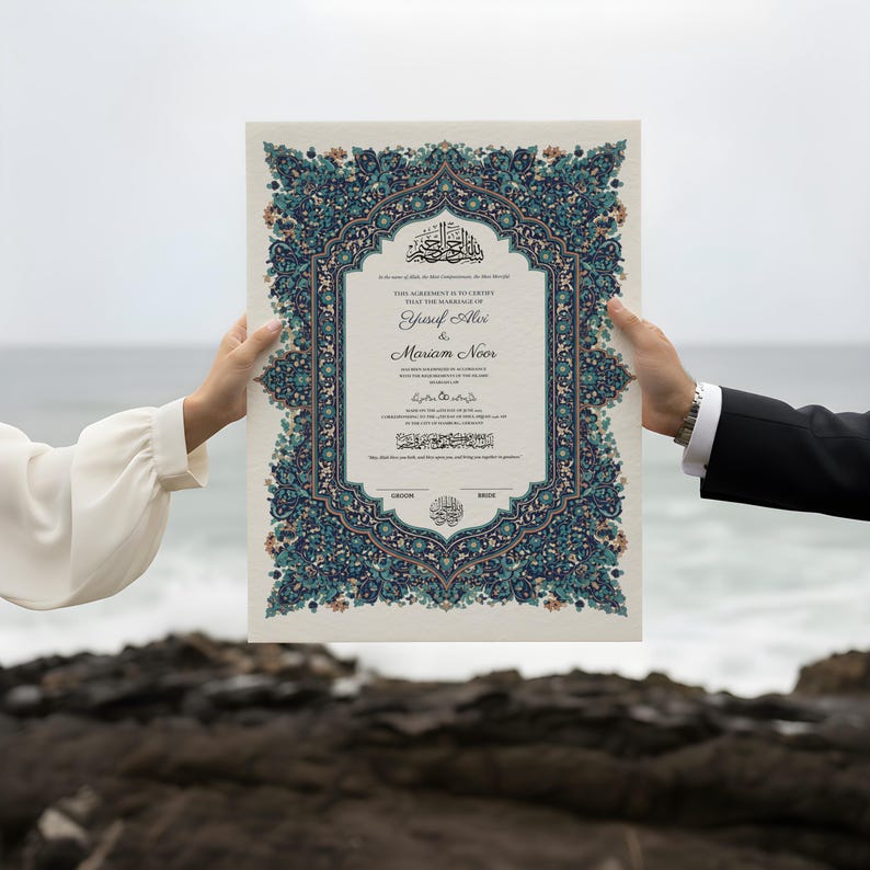 Blue Floral Nikkah Certificate, Personalized Ottoman Nikah Nama ...