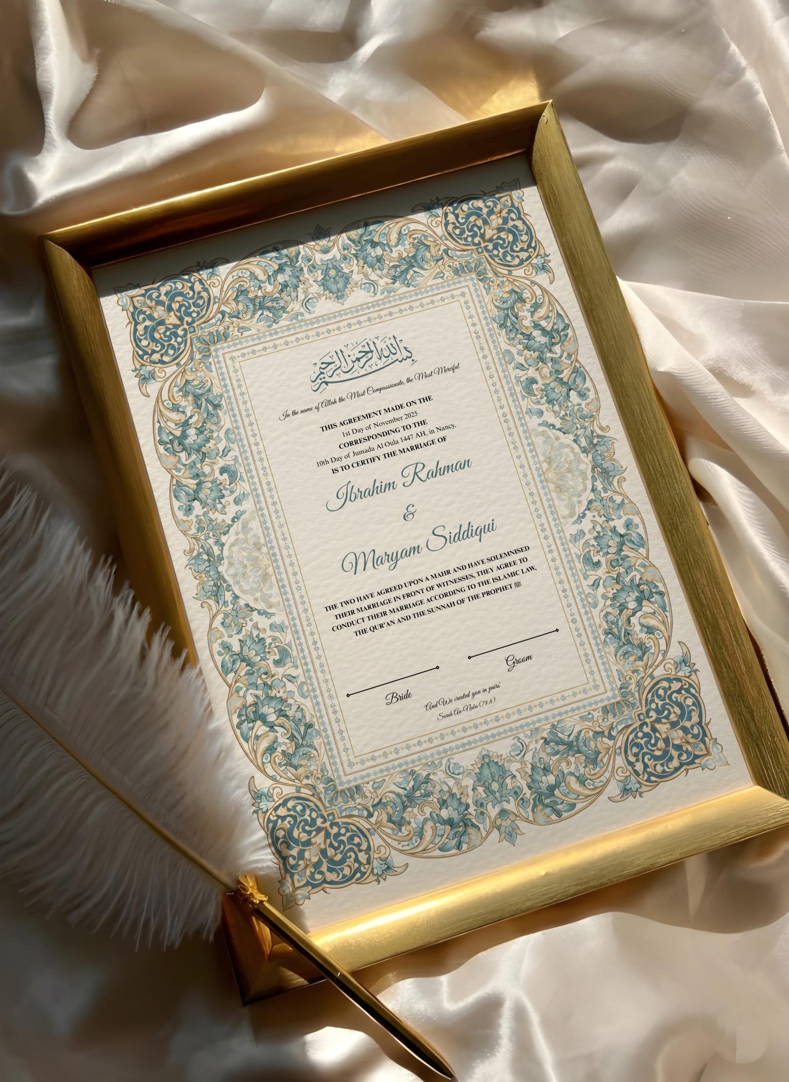 Diamond Blue Floral Border Islamic Nikkah Certificate, Personalized ...
