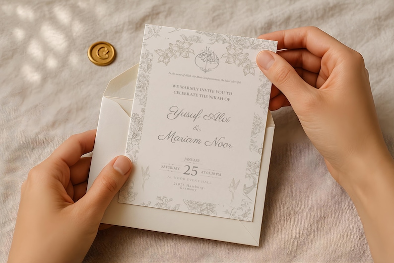 White Floral Border Frame Islamic Wedding Invitation, Muslim Nikah Nama ...