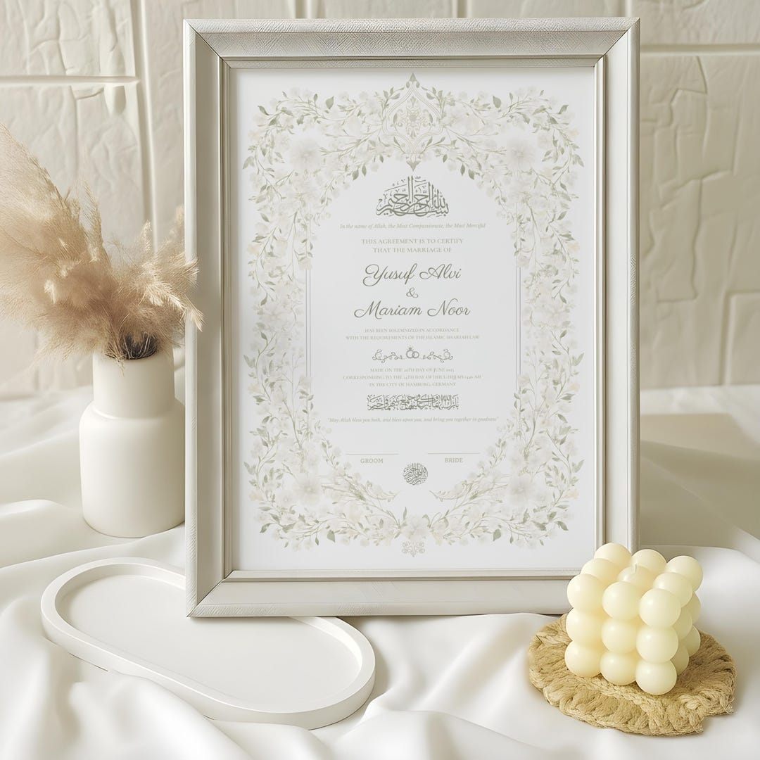 White Floral Nikkah Certificate, Personalized Custom Nikah Nama ...