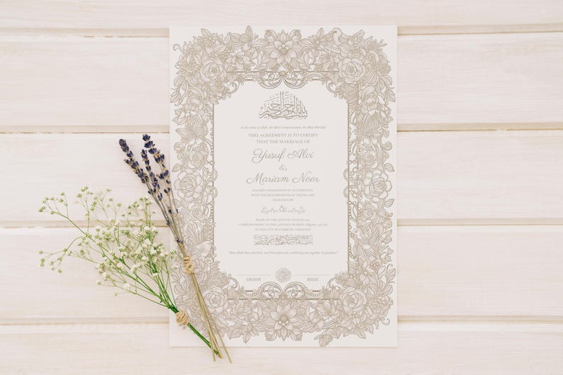White Floral Frame Nikkah Certificate, Personalized Editable Nikah Nama ...