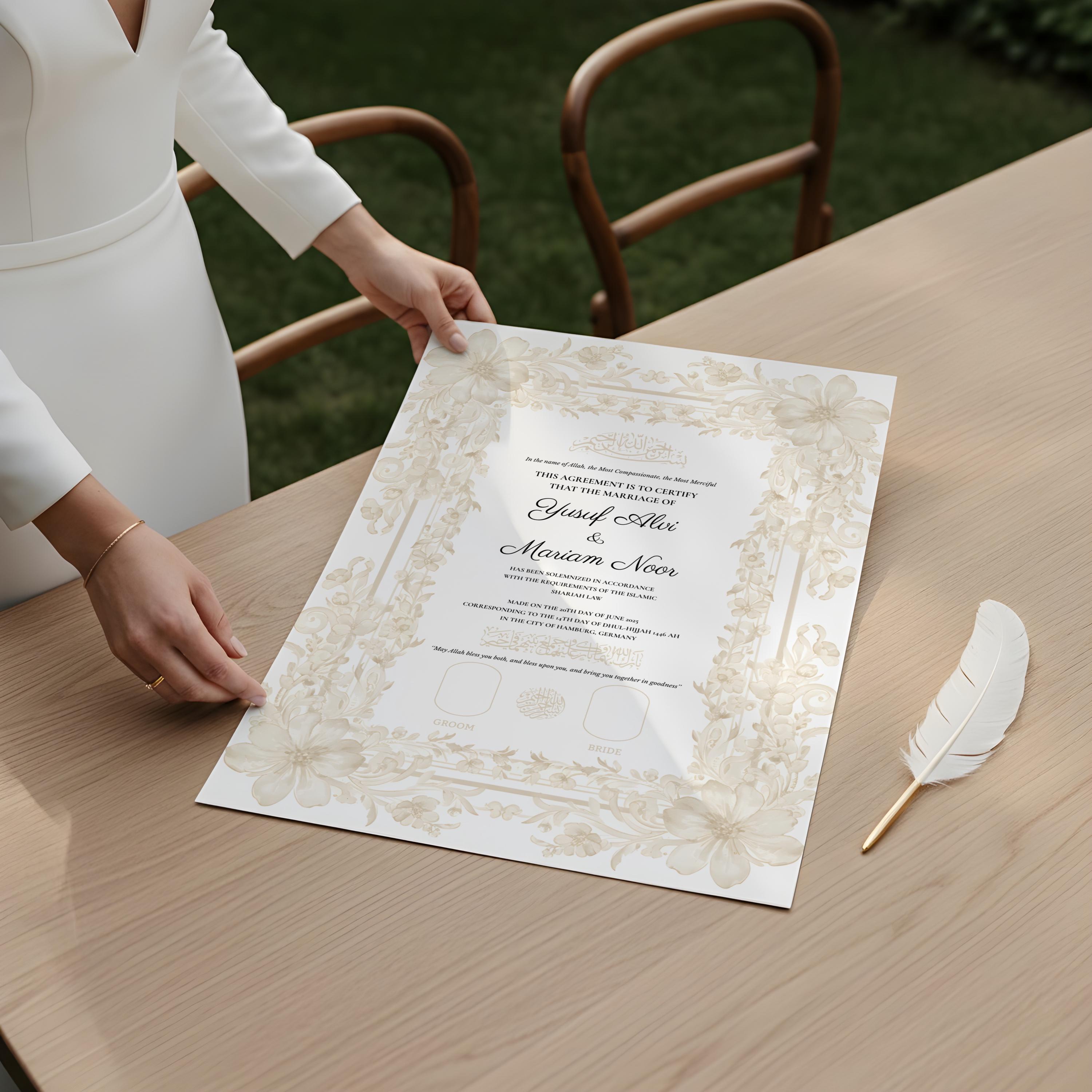 Beige Nikkah Certificate Printable With Fingerprint, Watercolor Floral ...