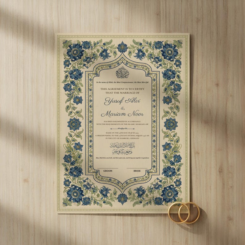 Blue Floral Border Islamic Nikkah Certificate, Personalized Editable ...