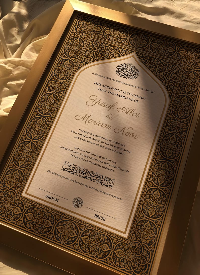 Islamic Dark Gold Nikkah Certificate, Personalized Nikah Nama Template ...