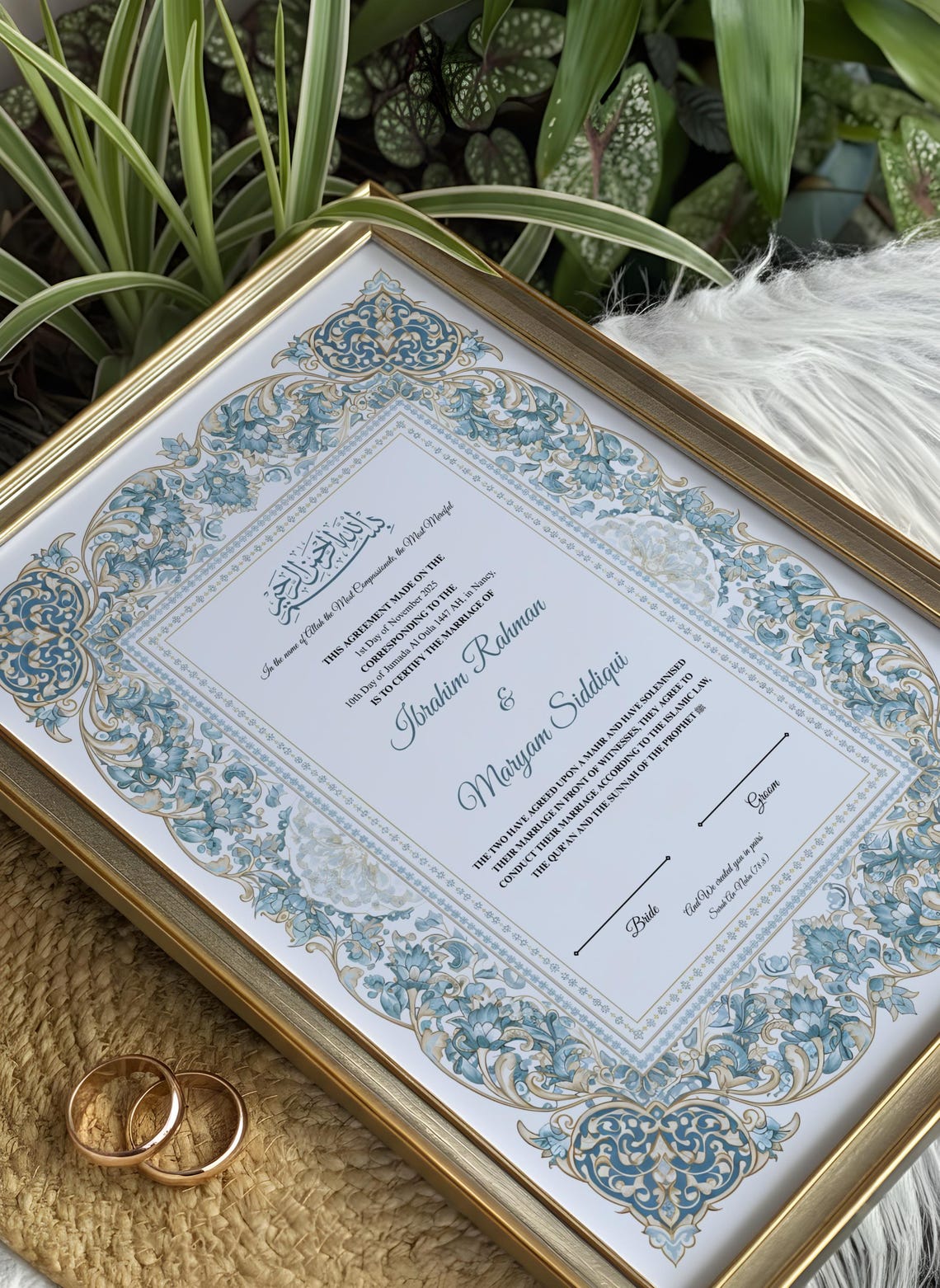 Diamond Blue Floral Border Islamic Nikkah Certificate, Personalized ...