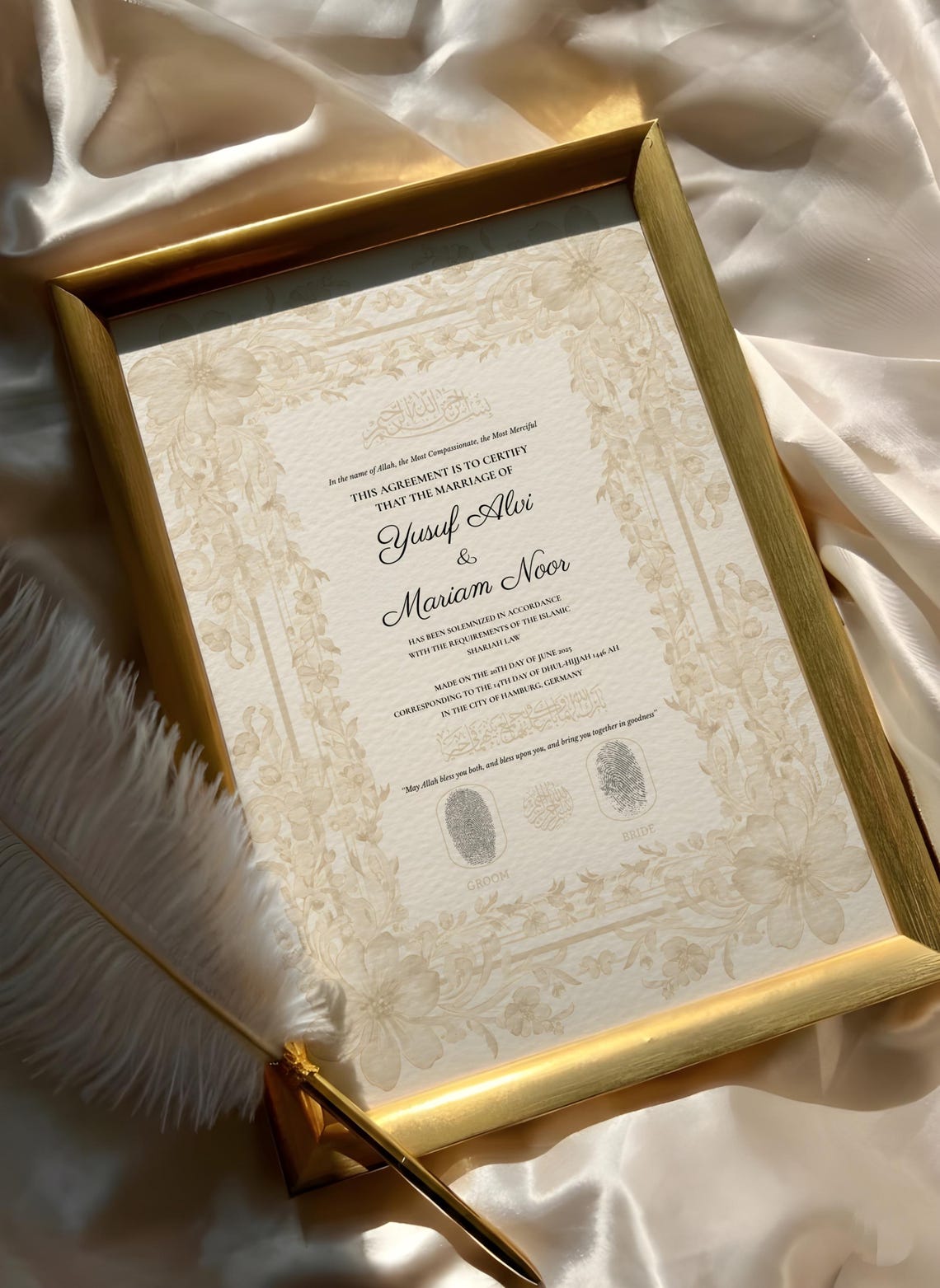 Beige Nikkah Certificate Printable With Fingerprint, Watercolor Floral ...